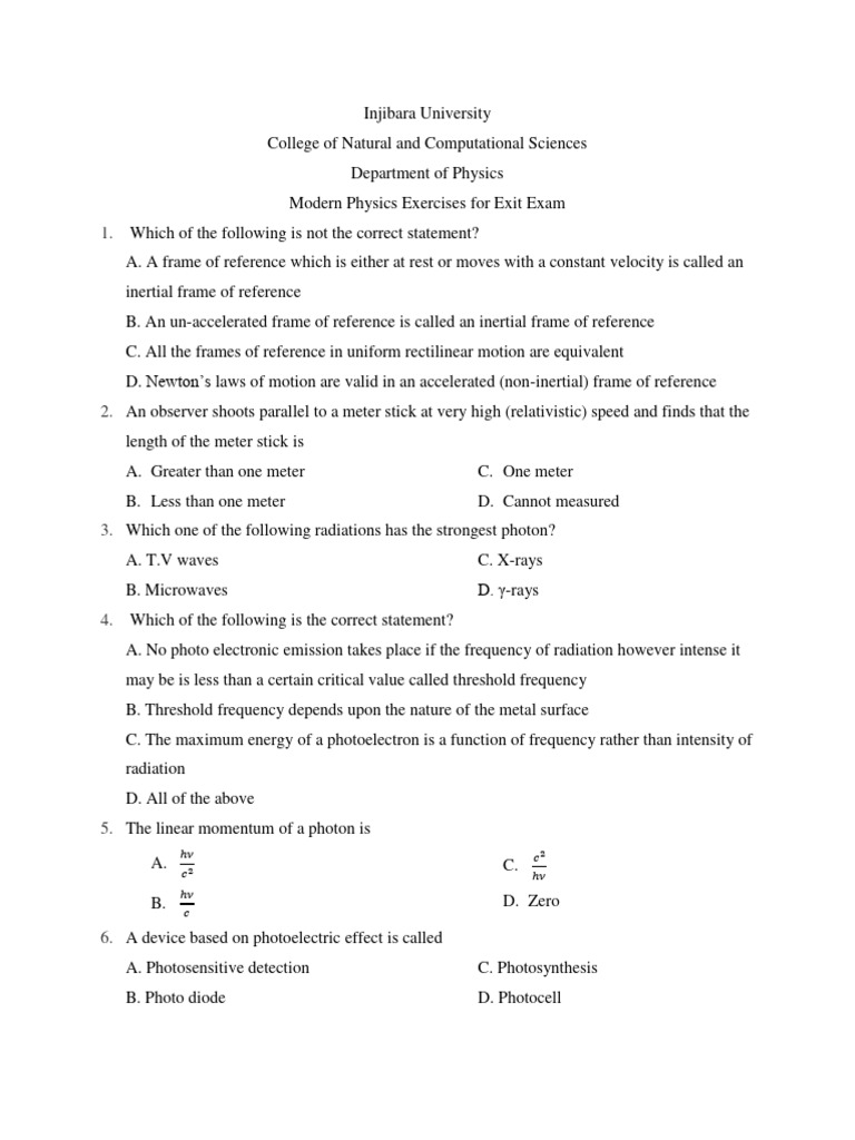 Modern Physics Exam Exercises | PDF | Photoelectric Effect | Light