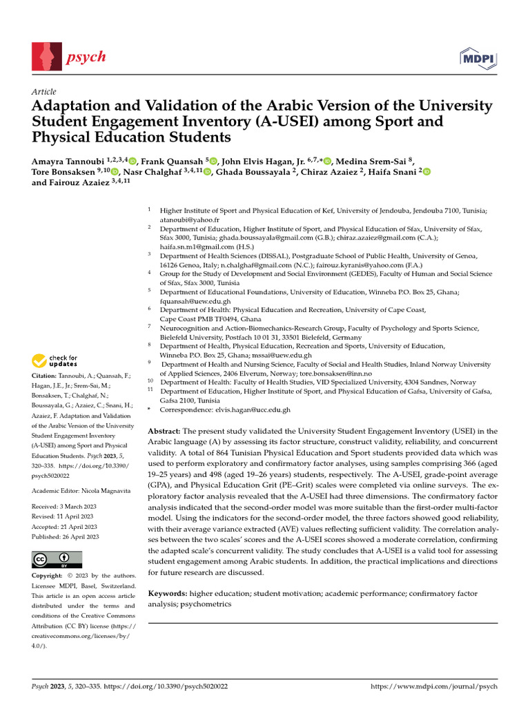 Adaptation and Validation of The Arabic Version of The University Student Engagement Inventory ...