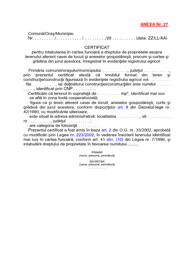Anexa 27 Certificat Intabulare Teren CAP | PDF