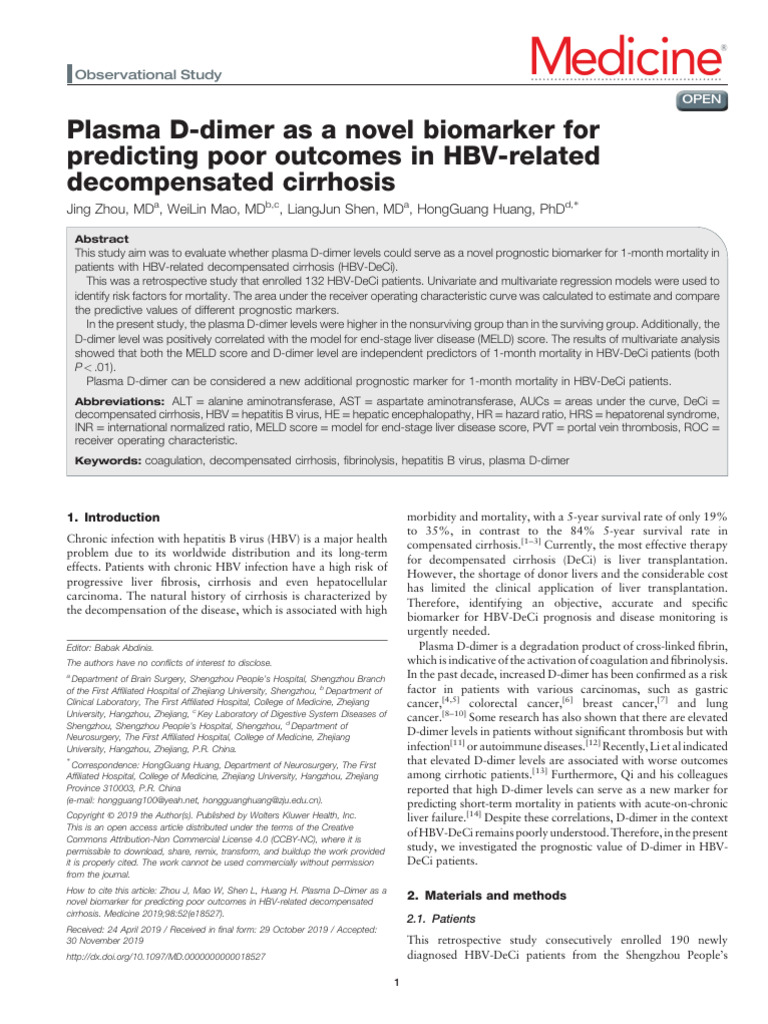 11.plasma D Dimer As A Novel Biomarker For Predicting Poor Outcomes in ...