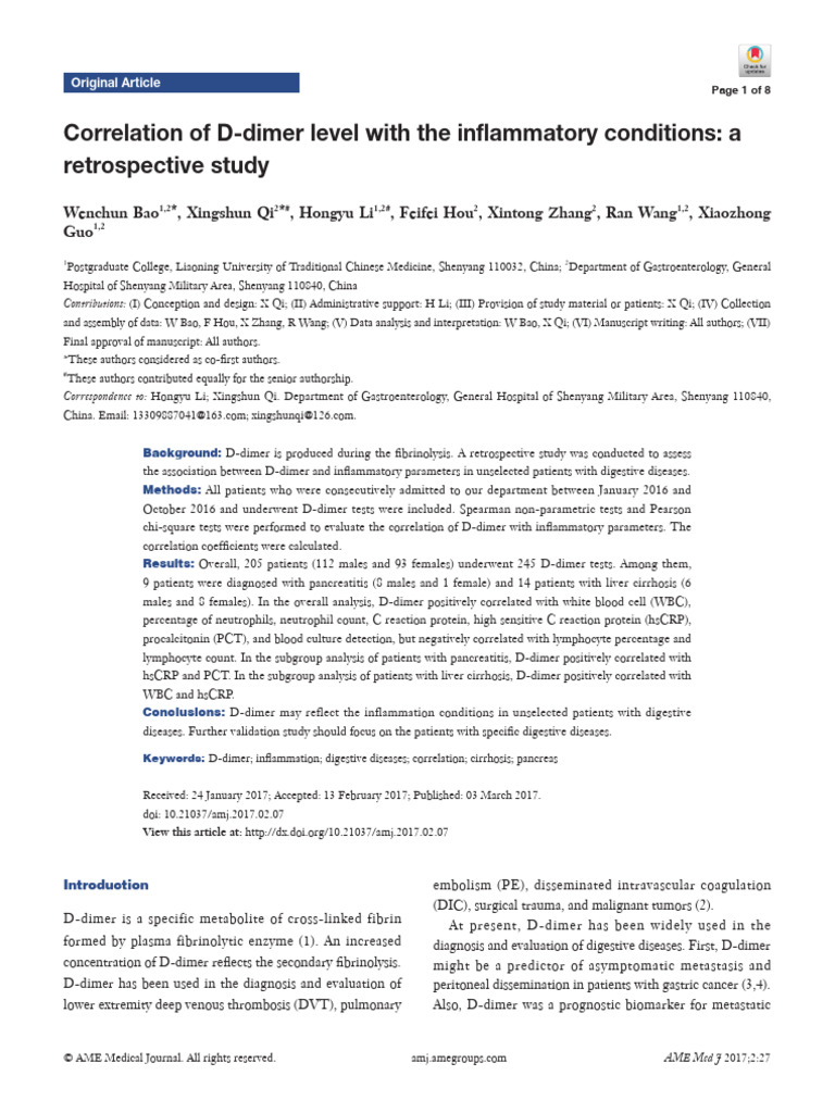 .Correlation of D-dimer level with the inflammatory cond | Download Free PDF | Medical ...