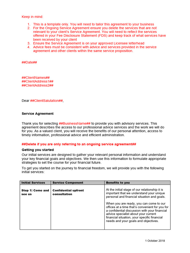 Tailored Financial Service Agreement Template | PDF | Goal | Fee
