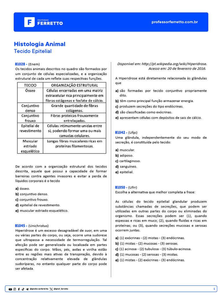Questions Biologia Histologia-Animal Tecido-Epitelial | PDF | Epitélio ...
