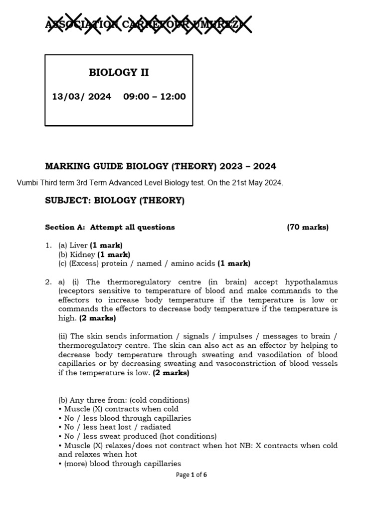 Vumbi Marking Guide of Biology A Level Carrefour Umurezi 2023-2024-1 ...