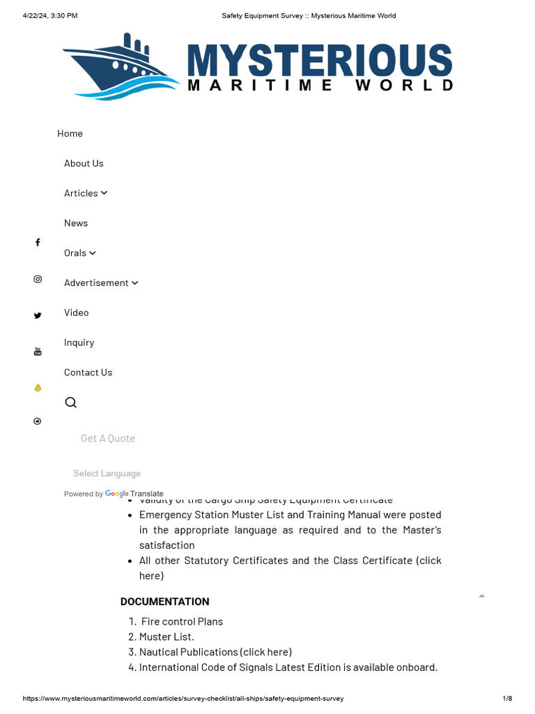 Safety Equipment Survey Checklist | PDF | Water Transport