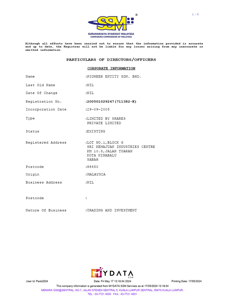 Pioneer Entity Sdn. Bhd. Company Info | PDF | Malaysia