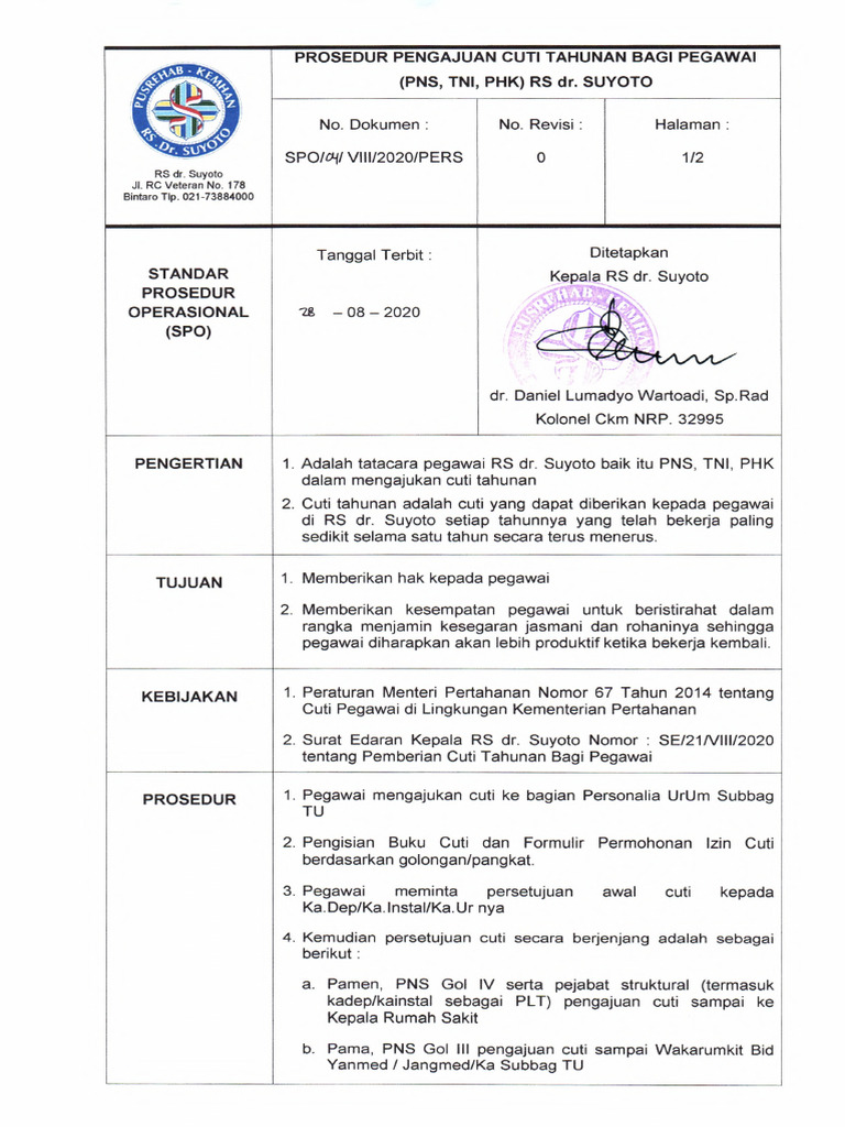 Spo04viii2020pers Prosedur Pengajuan Cuti Tahunan Bagi Pegawai | PDF