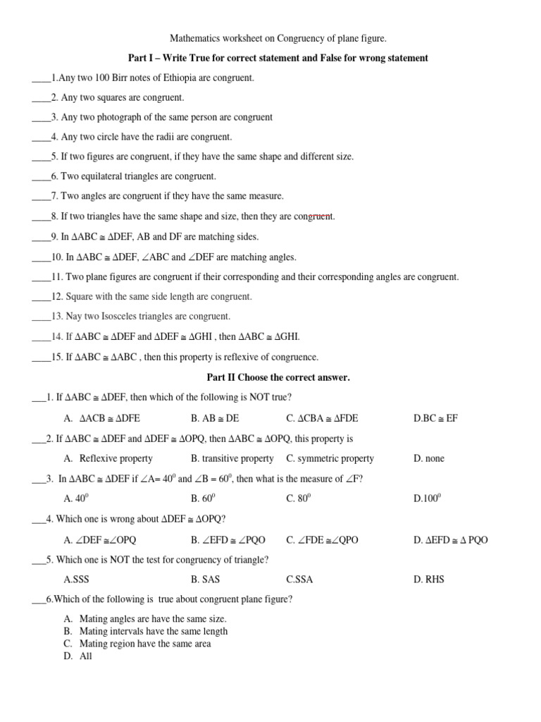 Math Worksheet: Plane Figure Congruency | PDF | Shape | Triangle