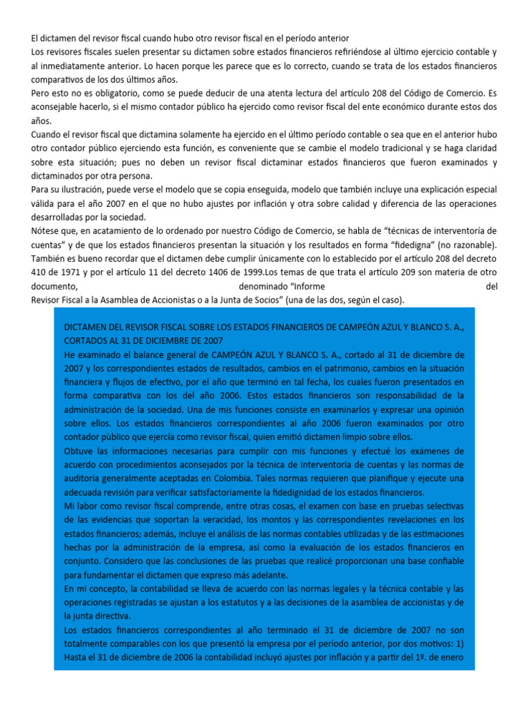 Dictamen del Revisor Fiscal: Cambios y Normas | PDF | Contabilidad ...