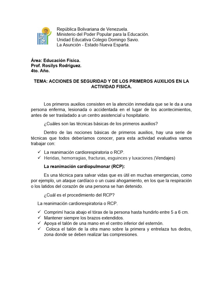 Tema - Acciones de Seguridad y Primeros Auxilios, Educacion Fisica 4ºaño | Descargar gratis PDF ...