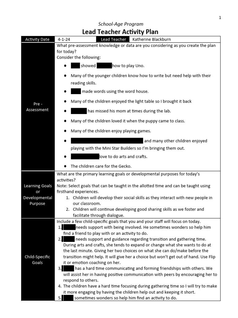School-Age Activity Plan Example | PDF