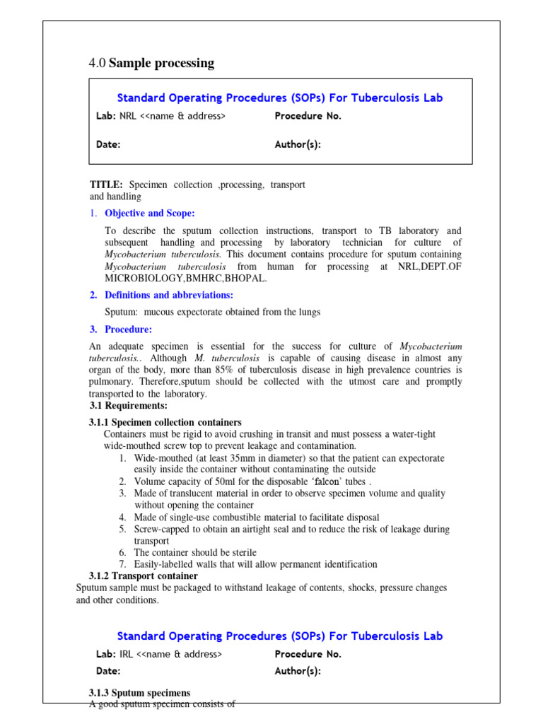 Tuberculosis Sputum Processing SOP | PDF | Tuberculosis | Sodium Hydroxide