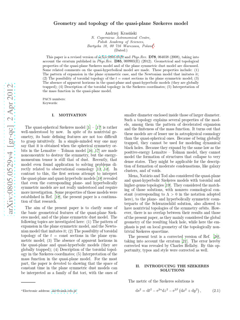 Geometry and Topology of The Quasi-Plane Szekeres Model: PACS Numbers: Keywords | PDF | Space ...