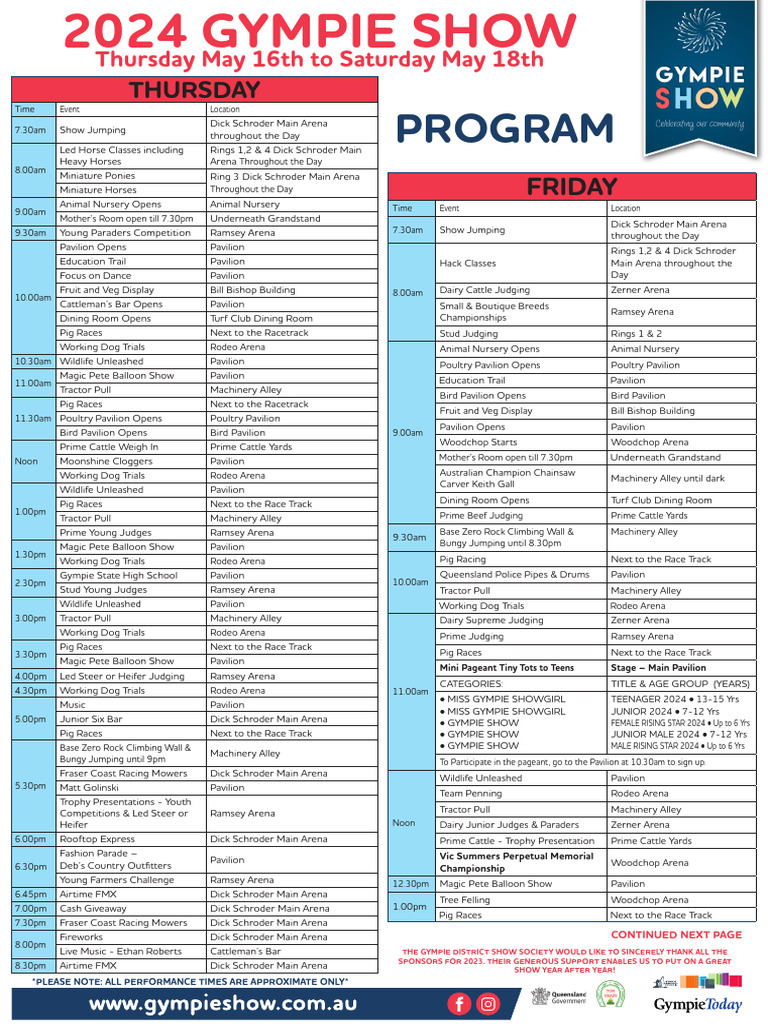 Gympie Show 2024 Event Schedule | PDF | Livestock | Domesticated Animals