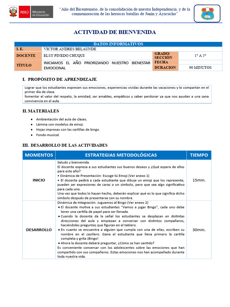 Sesión 1° A 5° Actividad de Bienvenida | PDF | Salón de clases