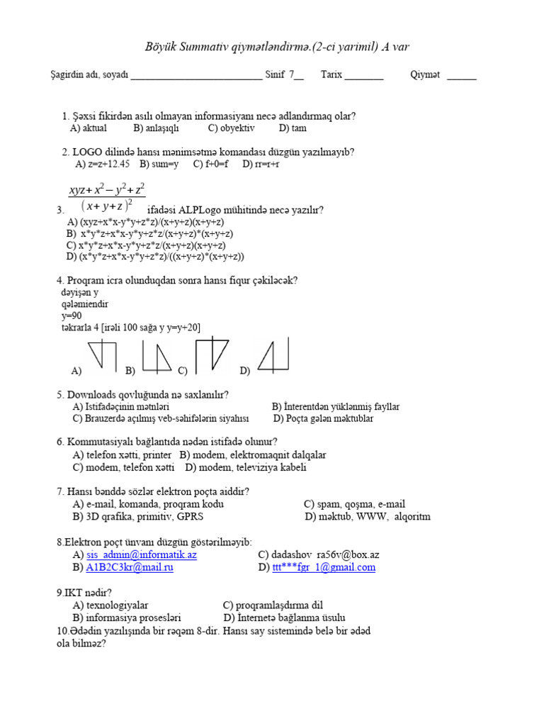 7-Ci Sinif BSQ - II YARIMİL A, B Var | PDF