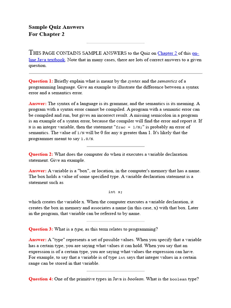 Java Programming - Chapter 2 Quiz Answers | PDF | Boolean Data Type | Data Type