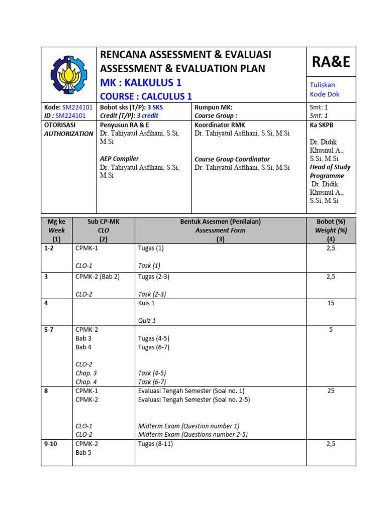 RAE Kalkulus 1 | PDF | Educational Assessment And Evaluation