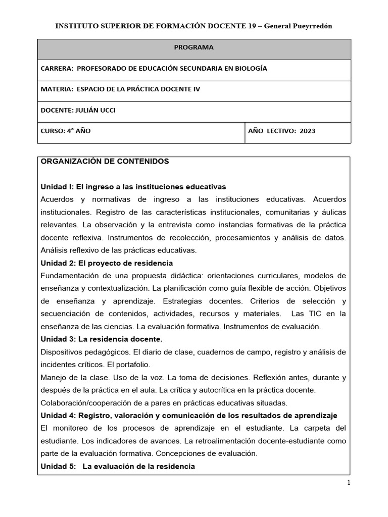 PROGRAMA Espacio de La Práctica IV ISFD19 | PDF | Enseñando | Evaluación