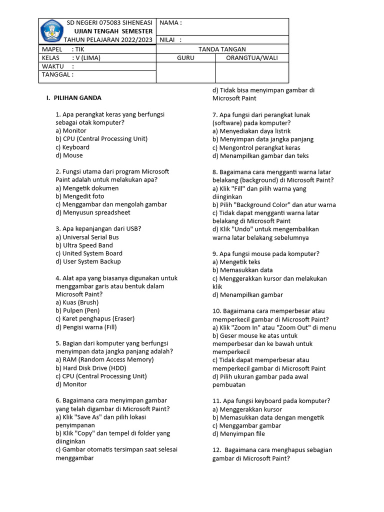 Soal Uas Tik KLS 5 | PDF | Game & Aktivitas | Komputer