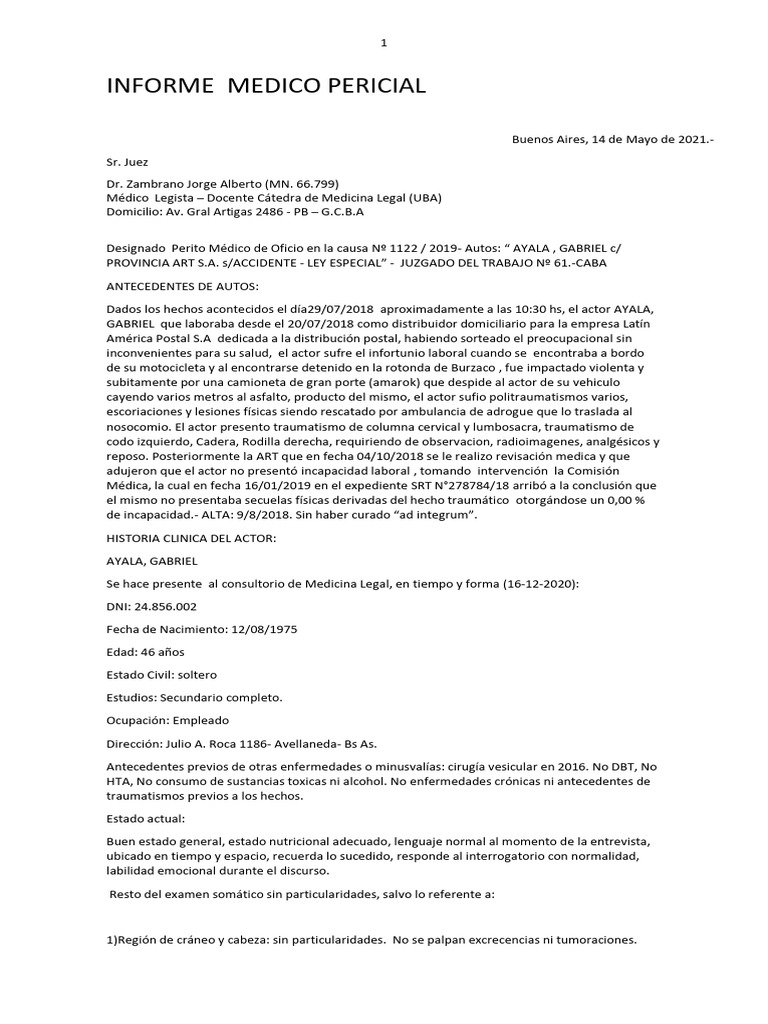 Informe Medico Pericial | PDF | La columna vertebral | Articulación
