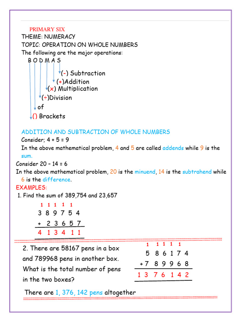 P.6 Operation On Whole Numbers | PDF | Subtraction | Mathematics