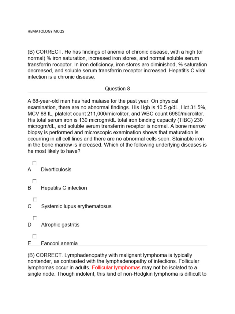 Hematology MCQS | PDF | Anemia | Lymphoma