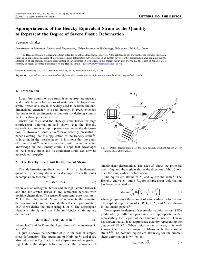 Appropriateness of The Hencky Equivalent Strain As The Quantity To Represent The Degree of ...