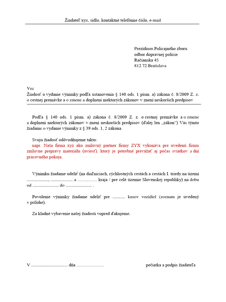 Vzor Ziadosti, Vynimka Nakladne Automobily | PDF