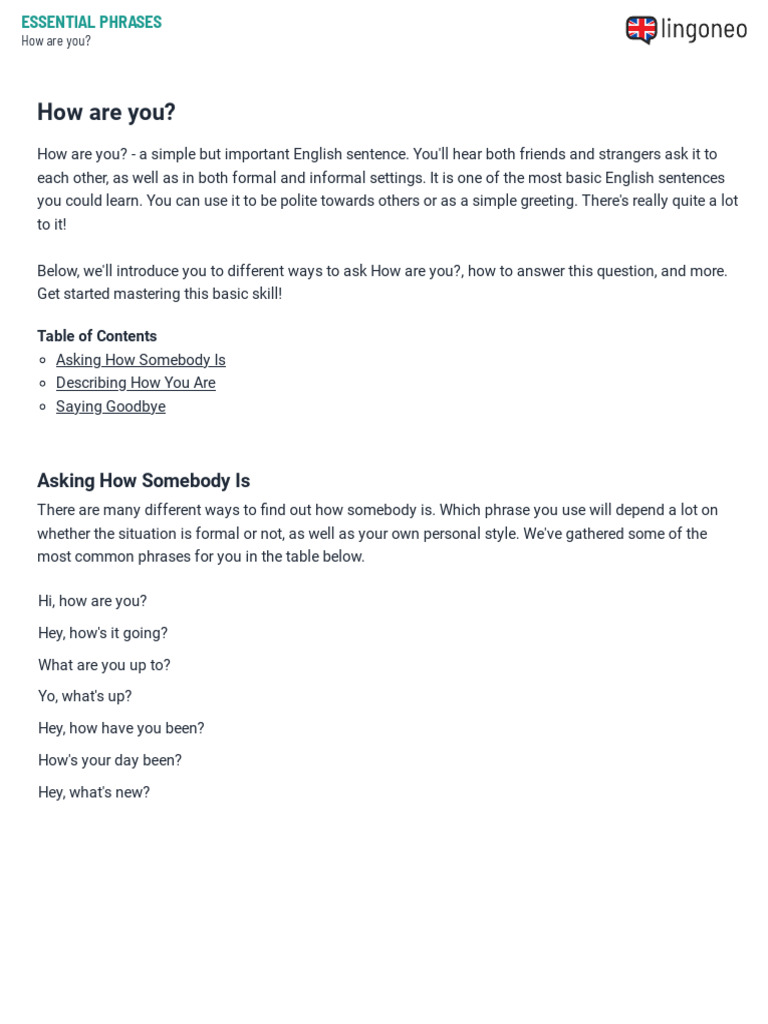 How Are You - Phrases Full Article | PDF | Question | English Language