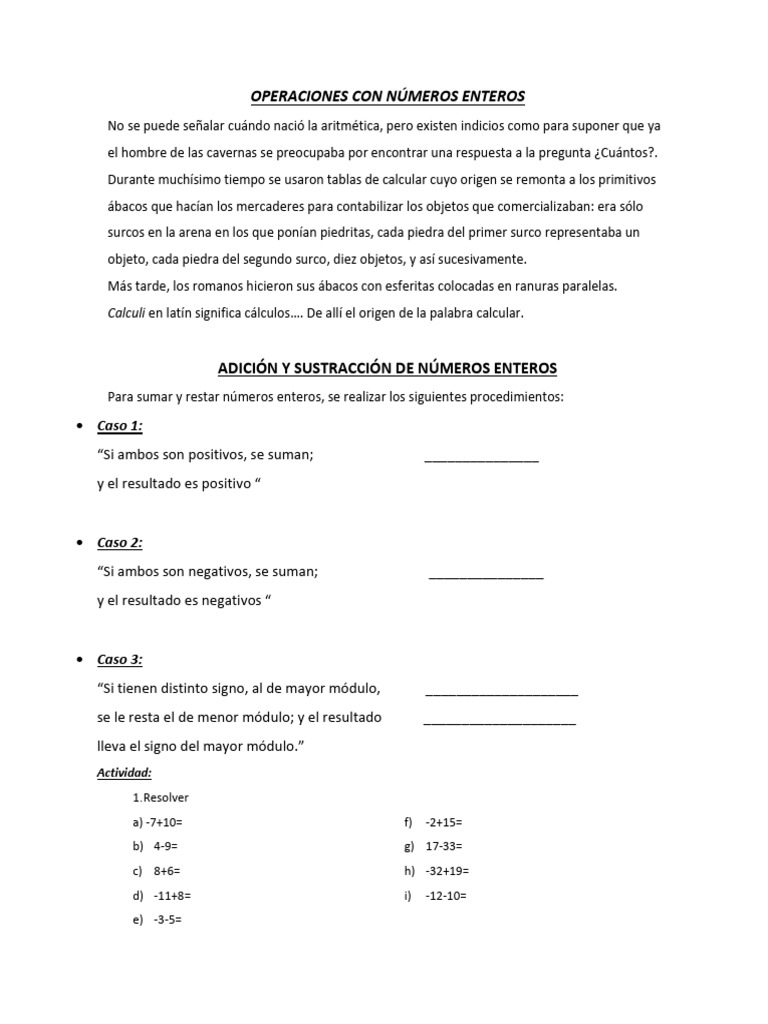 Operaciones Básicas con Números Enteros | PDF | Multiplicación | Entero