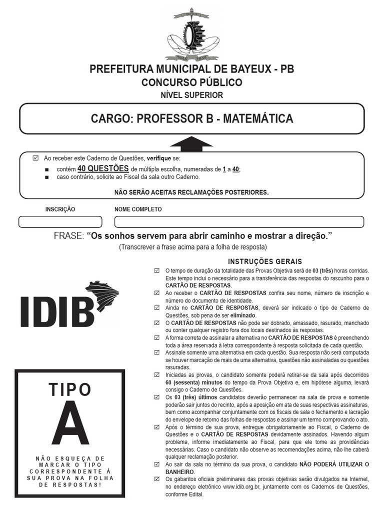 Prova de Professor de Matemática Idib | PDF | Inteligência artificial ...