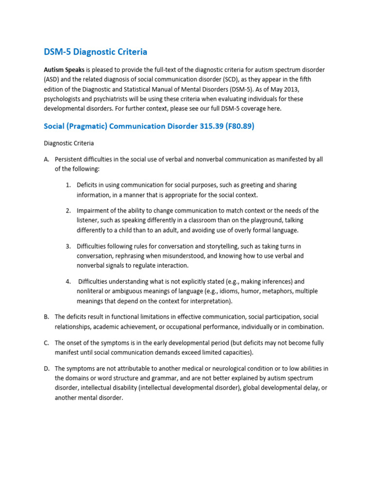 INFO--DSM 5 Diagnostic Criteria | PDF | Autism Spectrum | Mental Disorder