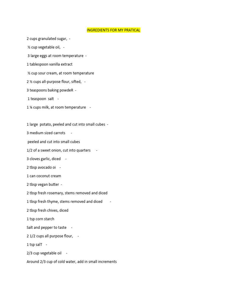 Ingredients For My Pratical | PDF