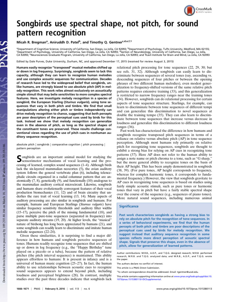Bregman Et Al 2016 Songbirds Use Spectral Shape Not Pitch For Sound ...