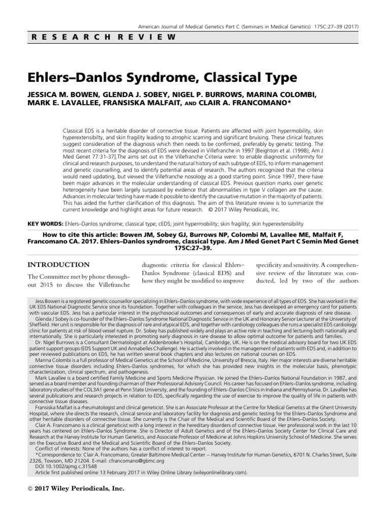 American J of Med Genetics PT C - 2017 - Bowen - Ehlers Danlos Syndrome ...