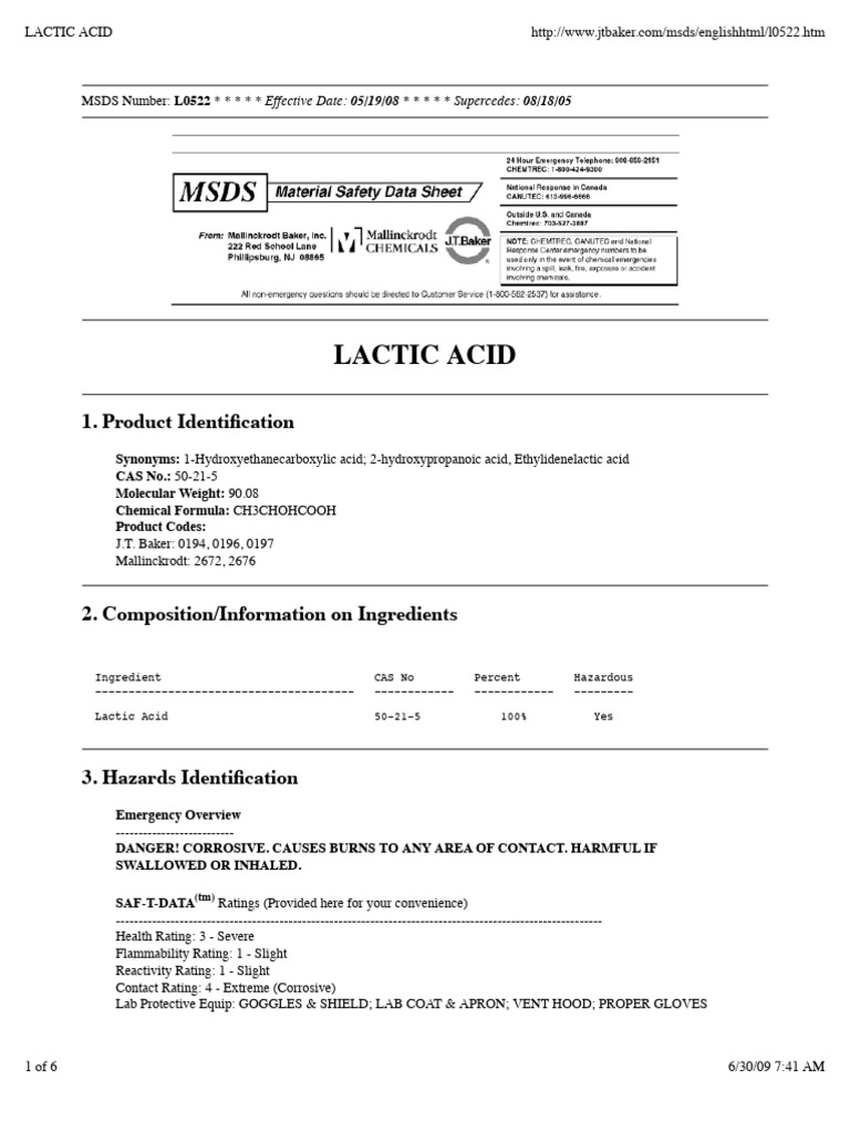 Lactic Acid MSDS | PDF | Waste | Hazardous Waste