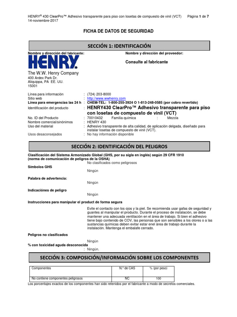 HENRY 430 CLEAR PRO Datos de Seguridad | PDF | Agua | Residuos