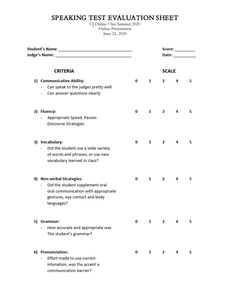 Speaking Test Evaluation Criteria | PDF