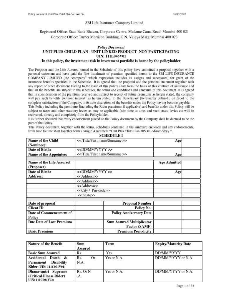 SBI Unit Plus Child Plan Overview | PDF | Insurance | Life Insurance