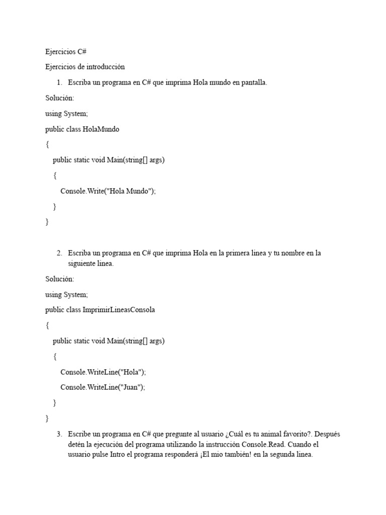 Ejercicios C# | Descargar gratis PDF | C Sharp (lenguaje de programación) | Objeto (informática)