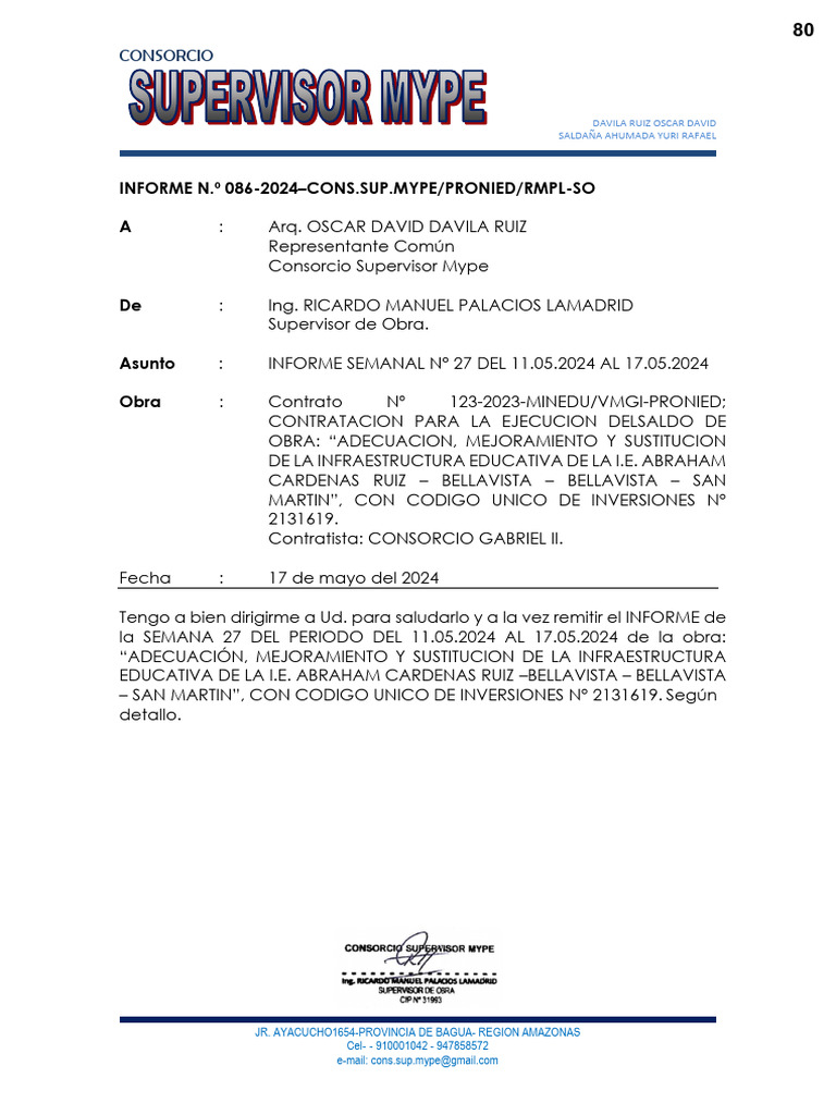 INFORME_N.º 86-2024-CONS.SUP.MYPE-PRONIED-RMPL-SO | Descargar gratis PDF | Hormigón | edificio