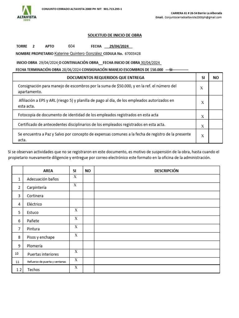 Solicitud Inicio de Obra Papeles Completos | PDF | Documento de identidad