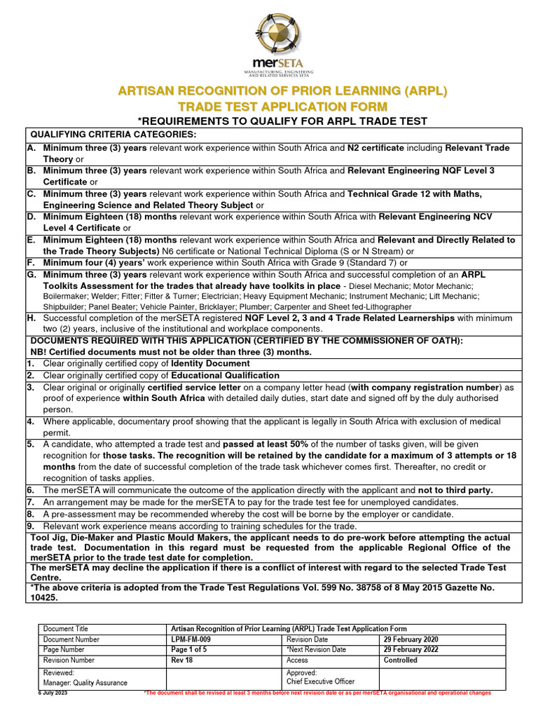 LPM FM 009 ARPL Trade Test Application Form | PDF | Career & Growth ...