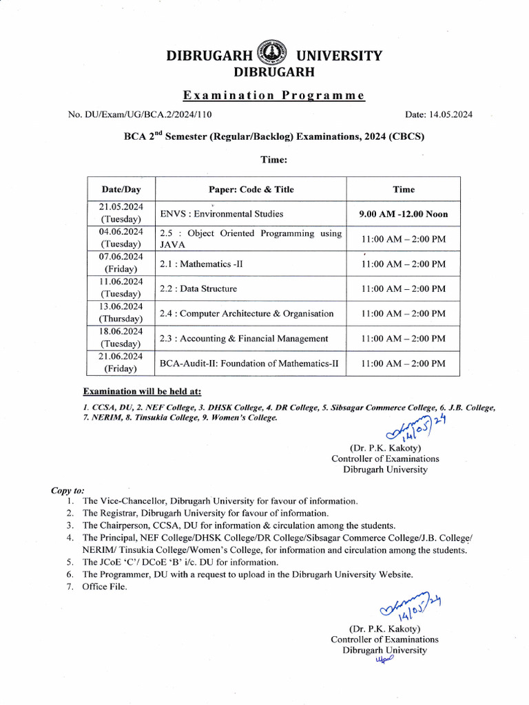 Dibrugarh University BCA Exam Schedule 2024 | PDF | Software Engineering | Information Technology