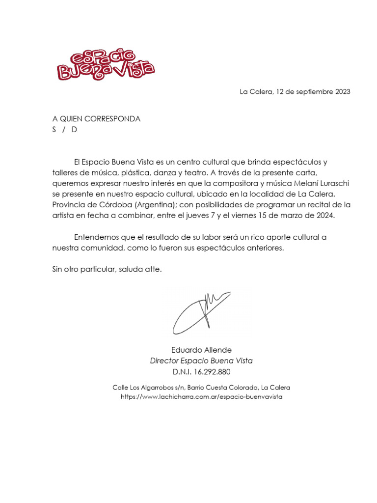 Carta Espacio BUENA VISTA | PDF