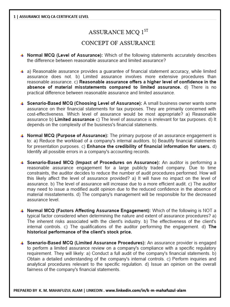 Assurance MCQ 1ST | PDF | Audit | Financial Audit