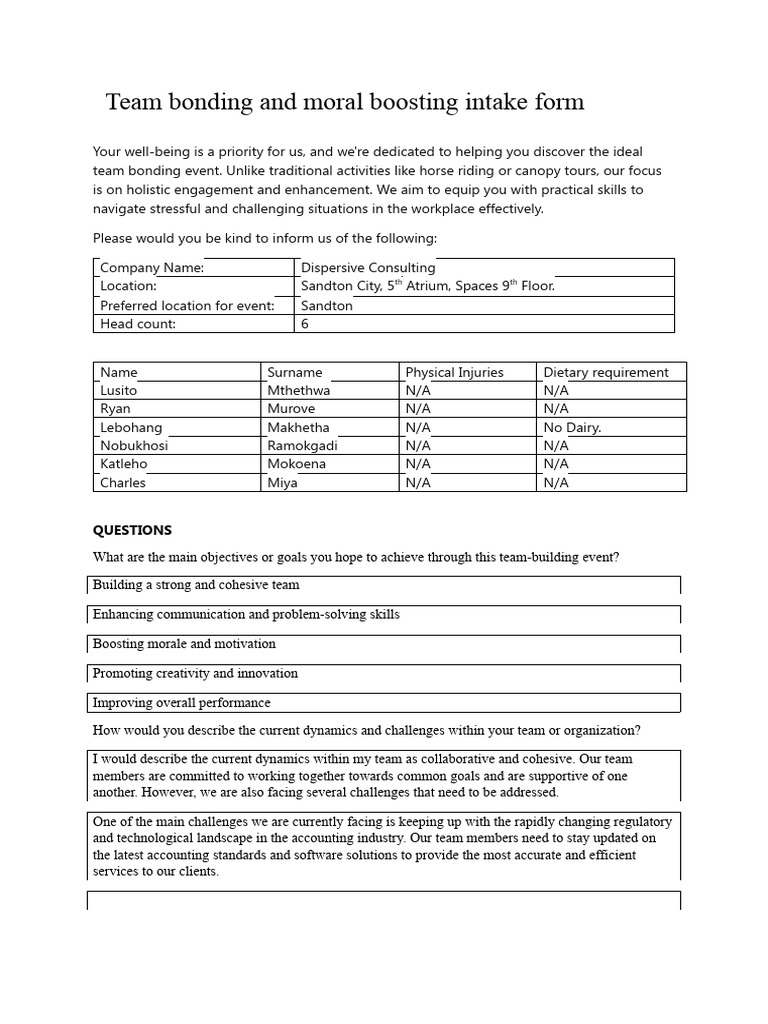 Team Bonding and Moral Boosting Intake Form | PDF | Team Building ...