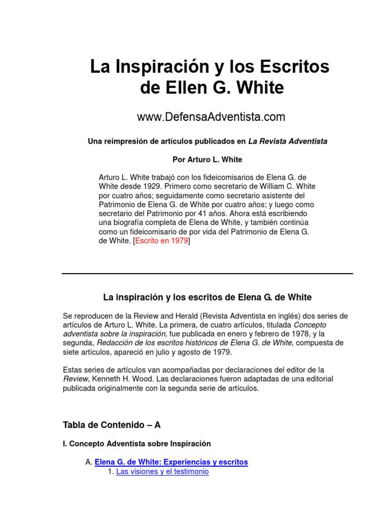 La Inspiracion y Los Escritos de Ellen G de White | PDF | Iglesia Adventista del Séptimo Día ...