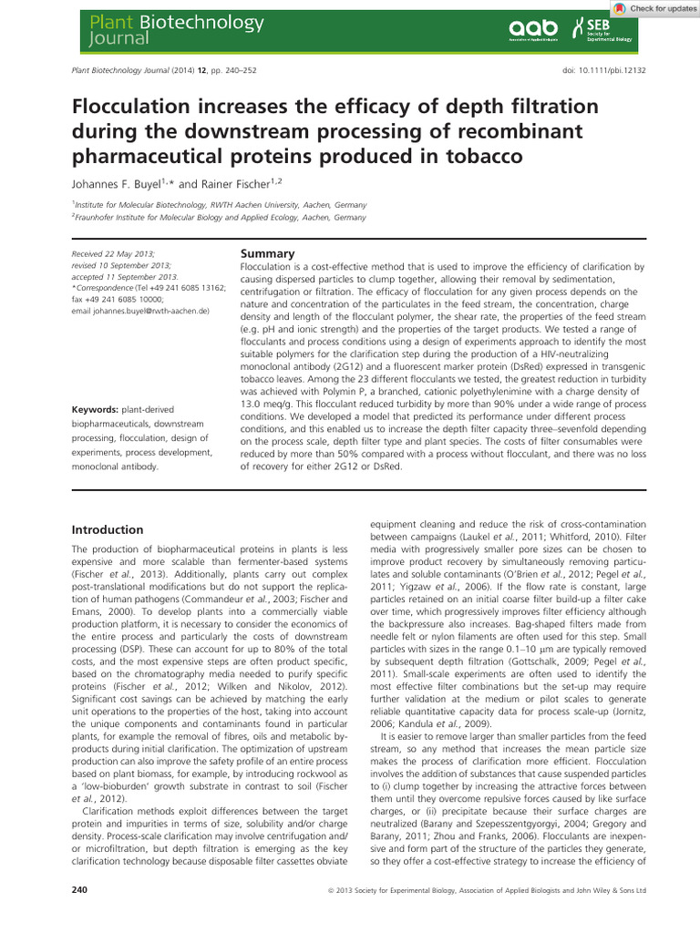 Plant Biotechnology Journal - 2013 - Buyel - Flocculation Increases The ...